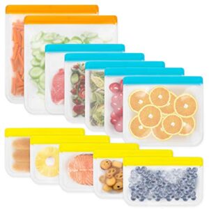 reusable storage bags, 12 pack bpa free leakproof freezer bag for liquid lunch sandwich marinate meat fruits – 2 gallon, 5 sandwich and 5 small bags, food grade, thick, leakproof and washable