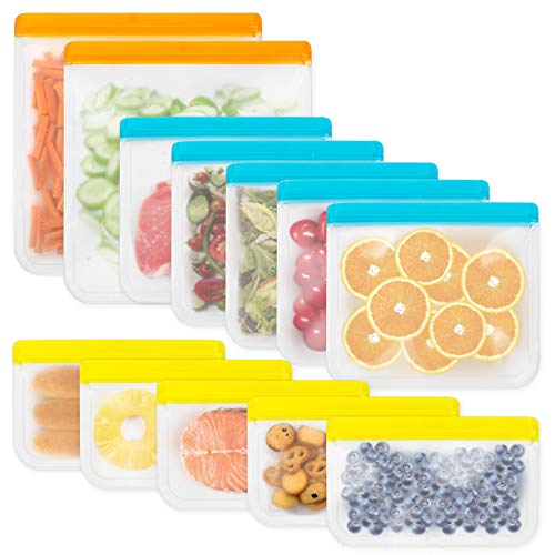 Reusable Storage Bags, 12 Pack BPA Free Leakproof Freezer Bag for Liquid Lunch Sandwich Marinate Meat Fruits - 2 Gallon, 5 Sandwich and 5 Small Bags, Food Grade, Thick, Leakproof and Washable