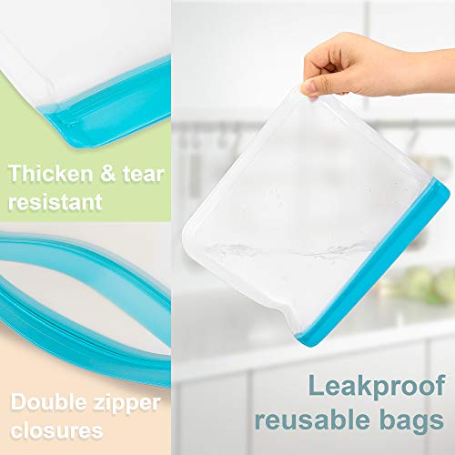 Reusable Storage Bags, 12 Pack BPA Free Leakproof Freezer Bag for Liquid Lunch Sandwich Marinate Meat Fruits - 2 Gallon, 5 Sandwich and 5 Small Bags, Food Grade, Thick, Leakproof and Washable