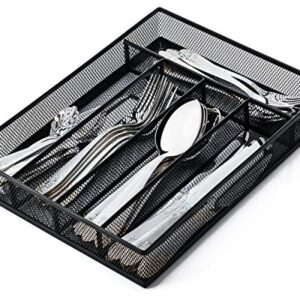 JANE EYRE Utensil Drawer Organizer, Cutlery Tray Silverware Flatware Storage Divider for Kitchen, Mesh Wire with Non-slip Foam Feet, 5 Component, Black