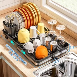 G-TING Dish Drying Rack, Expandable (11.8"-20.5") Large Capacity Dish Rack, Dish Drainer with Stainless Steel Cutlery Rack and Cutlery Bucket, Drying Rack for Kitchen Counter