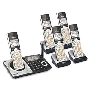 at&t cl83507 dect 6.0 5-handset cordless phone for home with dual keypad base, answering machine, call blocking, caller id announcer, intercom and long range, silver/black