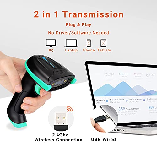 Tera Barcode Scanner Wireless Versatile 2-in-1 (2.4Ghz Wireless+USB 2.0 Wired) with Battery Level Indicator 328 Feet Transmission Distance Rechargeable 1D Laser Bar Code Reader USB Handheld (Blue)