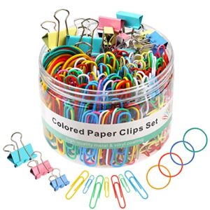 300 pcs paper clips, binder clips and rubber bands, office supply set, paper clips and paper clamps, school supplies office supplies teacher supplies for office desk essentials (assorted sizes)