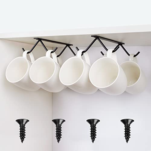 Cabinet Hook Mug Holder - Hanging Coffee Cup Rack for Kitchen, Under Cabinets Metal Hangers Organizer Shelf Storage Utensil (Black)