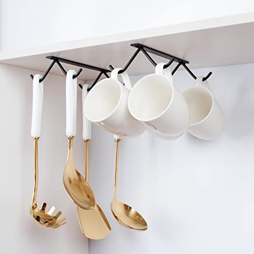 Cabinet Hook Mug Holder - Hanging Coffee Cup Rack for Kitchen, Under Cabinets Metal Hangers Organizer Shelf Storage Utensil (Black)