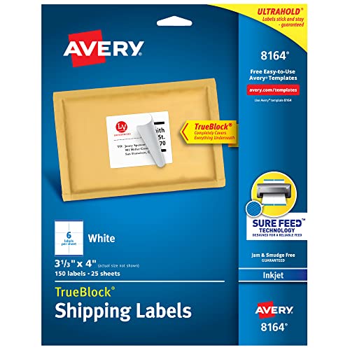 Avery Shipping Address Labels, Inkjet Printers, 150 Labels, 3-1/3x4 Labels, Permanent Adhesive, TrueBlock (8164), White