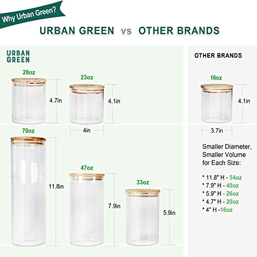 Urban Green Glass Jars with Bamboo Lids, Glass Airtight Canisters sets, Glass Food Storage Container, Pantry Organization and Storage Jars, Kitchen Canisters Sets, Spice Jars, Flour Containers of 6