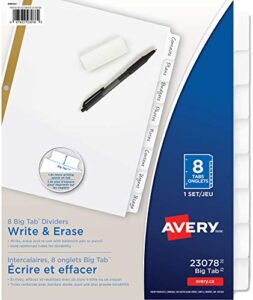 avery 8-tab binder dividers, write & erase white big tabs, 1 set (23078)