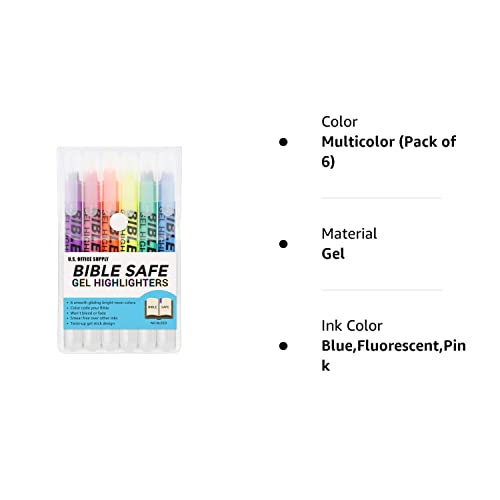 U.S. Office Supply Bible Safe Gel Highlighters, 6 Pack Set - 6 Different Bright Neon Fluorescent Highlight Colors Yellow, Orange, Pink, Purple, Green, Blue - Won't Bleed, Fade or Smear - Study Guide