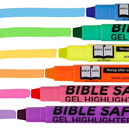 U.S. Office Supply Bible Safe Gel Highlighters, 6 Pack Set - 6 Different Bright Neon Fluorescent Highlight Colors Yellow, Orange, Pink, Purple, Green, Blue - Won't Bleed, Fade or Smear - Study Guide