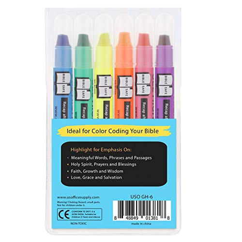 U.S. Office Supply Bible Safe Gel Highlighters, 6 Pack Set - 6 Different Bright Neon Fluorescent Highlight Colors Yellow, Orange, Pink, Purple, Green, Blue - Won't Bleed, Fade or Smear - Study Guide