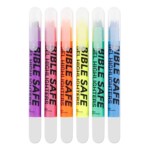 U.S. Office Supply Bible Safe Gel Highlighters, 6 Pack Set - 6 Different Bright Neon Fluorescent Highlight Colors Yellow, Orange, Pink, Purple, Green, Blue - Won't Bleed, Fade or Smear - Study Guide