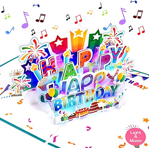 Large Birthday Card, INPHER 3D Pop up Birthday Cards, Light and Music Happy Birthday Card, Musical Birthday Gift Greeting Card for Men, Women, Kids