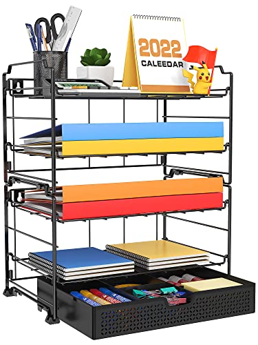 Elbourn Desk Organizer, 4-Tier Office Organization with Drawer, Desktop Paper Holder Letter Tray File Organizers and Accessories Office Supplies Desk Storage for Office School Home - Black