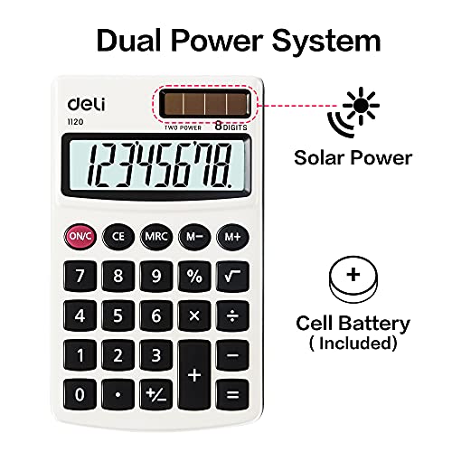 Calculator, Deli Standard Function Basic Calculators, Solar Battery Dual Power Office Calculator with Cover, Metal Panel