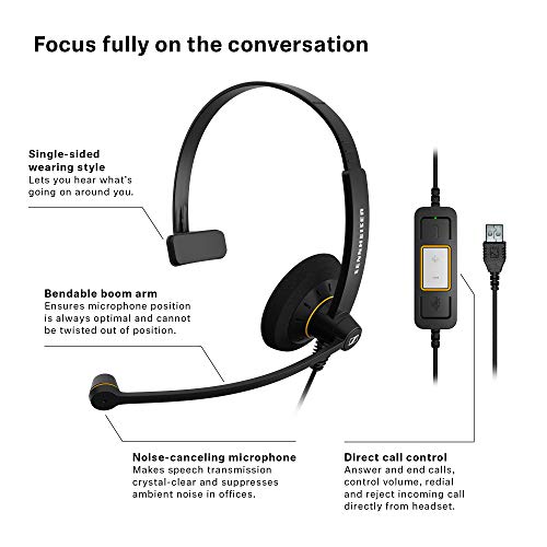 Sennheiser SC 30 USB ML (504546) - Single-Sided Business Headset | For Skype for Business | with HD Sound, Noise-Cancelling Microphone, & USB Connector (Black)