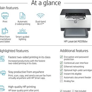 HP Laserjet M209dw Single-Function Wireless Monochrome Laser Printer - Print only - 30 ppm, 600 x 600 dpi, 8.5" x 14" Legal, Auto Duplex Printing, USB, WiFi, Ethernet, Cbmou External Webcam (Renewed)