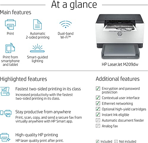 HP Laserjet M209dw Single-Function Wireless Monochrome Laser Printer - Print only - 30 ppm, 600 x 600 dpi, 8.5" x 14" Legal, Auto Duplex Printing, USB, WiFi, Ethernet, Cbmou External Webcam (Renewed)