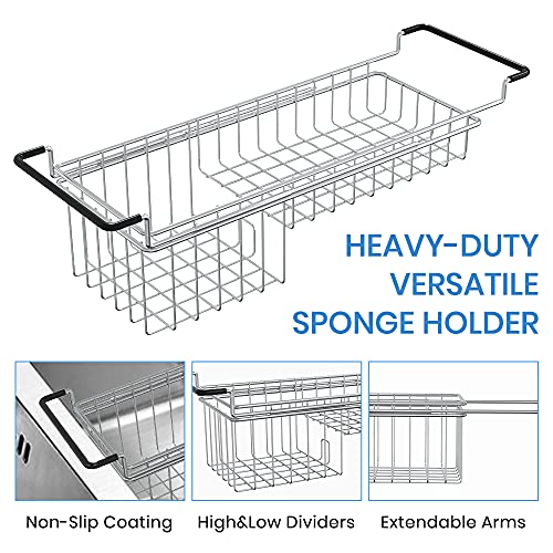 TreeLen Sink Caddy Sponge Holder Kitchen Sink Organizer Sponge Caddy Farmhouse Sink Accessories Rag Detergent Brush Dishwashing Liquid Rack Expandable 14-3/4" to 20" Stainless Steel