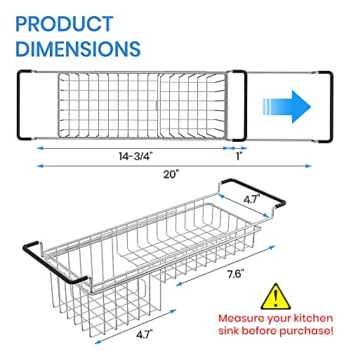 TreeLen Sink Caddy Sponge Holder Kitchen Sink Organizer Sponge Caddy Farmhouse Sink Accessories Rag Detergent Brush Dishwashing Liquid Rack Expandable 14-3/4" to 20" Stainless Steel