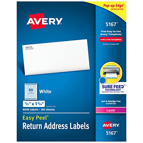 Avery Address Labels with Sure Feed for Laser Printers, 0.5" x 1.75", 8,000 Labels, Permanent Adhesive (5167)