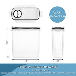 Cereal Containers Storage, Airtight Food Storage Container with Lid of 3 [2.5L/85.4oz] for Kitchen & Pantry Organization, BPA-Free Clear Plastic Canister Great for Snacks, Sugar, 20 Lables & Marker