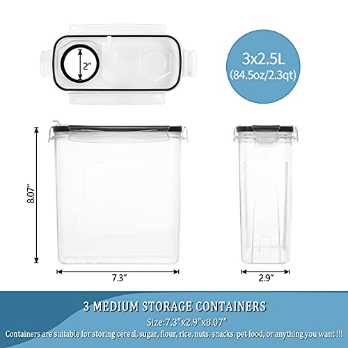 Cereal Containers Storage, Airtight Food Storage Container with Lid of 3 [2.5L/85.4oz] for Kitchen & Pantry Organization, BPA-Free Clear Plastic Canister Great for Snacks, Sugar, 20 Lables & Marker