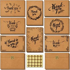 144 bulk thank you cards with self-seal envelopes, brown kraft thank you notes box set with elegant 8 designs greeting card for wedding, business, birthday, baby shower, blank inside, 4 x 6 inch