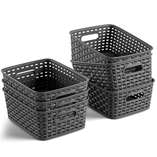 Set of 6 Plastic Storage Baskets - Small Pantry Organizer Basket Bins - Household Organizers with Cutout Handles for Kitchen Organization, Countertops, Cabinets, Bedrooms, and Bathrooms