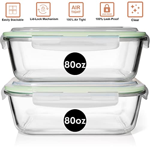 Razab 10 Cups/ 80 Oz 4 Pc (Set of 2) Glass Food Storage Containers with Airtight Locking Lids-For Storing & Serving Food. BPA Free & Leak Proof - Microwave, Dishwasher, Fridge, Freezer and Oven Safe