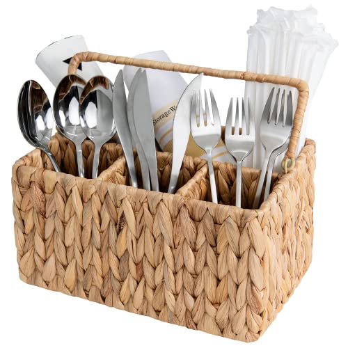 StorageWorks Wicker Flatware Organizer, Hand Woven Water Hyacinth Cutlery Holder for Countertop with Handle, 1 Pack