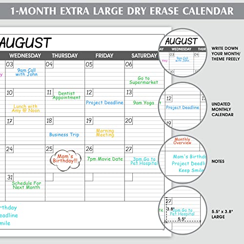 Dry Erase Calendar for Wall - Large Dry Erase Calendar, 28" x 40", Undated Monthly Calendar for Home, Office, Classroom, Erasable Laminated Calendar Whiteboard with 6 Markers ＆ 6 Stickers