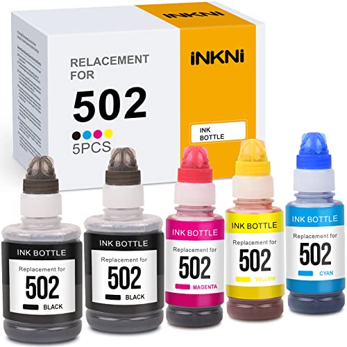 INKNI Compatible Ink Bottle Replacement for Epson 502 T502 Refill Ink ET-2760 ET-4760 ET-3710 ET-3760 ET-2700 ET-2750 ET-3700 ET-3750 ET-4750 ST-2000 ST-3000 Printer (Black,Cyan,Magenta,Yellow,5-Pack)