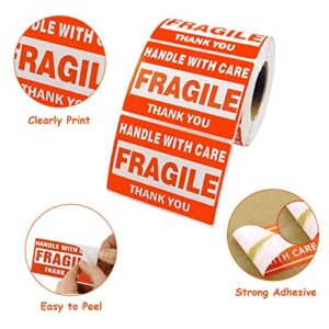 SJPACK 500 Fragile Stickers 1 Roll 2" x 3" Fragile - Handle with Care - Thank You Shipping Labels Stickers (500 Labels/Roll)