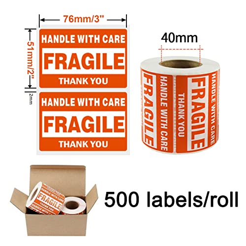 SJPACK 500 Fragile Stickers 1 Roll 2" x 3" Fragile - Handle with Care - Thank You Shipping Labels Stickers (500 Labels/Roll)