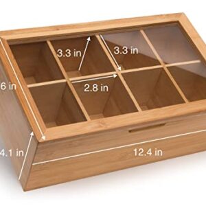 randomgrounds 100% Bamboo Tea Box Storage Organizer, Taller Size Holds 120+ Standing or Flat Tea Bags, 8 Adjustable Chest Compartments, Natural Wooden Finish