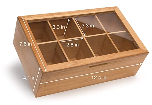 randomgrounds 100% Bamboo Tea Box Storage Organizer, Taller Size Holds 120+ Standing or Flat Tea Bags, 8 Adjustable Chest Compartments, Natural Wooden Finish