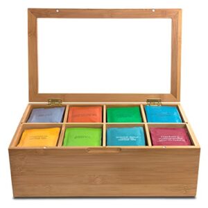 randomgrounds 100% Bamboo Tea Box Storage Organizer, Taller Size Holds 120+ Standing or Flat Tea Bags, 8 Adjustable Chest Compartments, Natural Wooden Finish