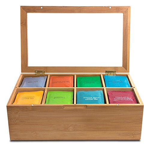 randomgrounds 100% Bamboo Tea Box Storage Organizer, Taller Size Holds 120+ Standing or Flat Tea Bags, 8 Adjustable Chest Compartments, Natural Wooden Finish