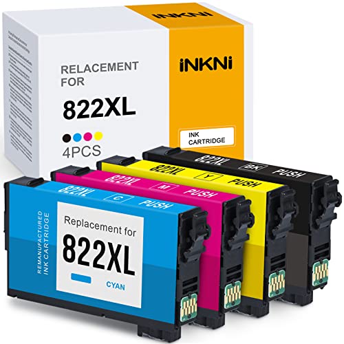 InkNI 822XL Ink Cartridges Combo Pack Remanufactured Ink Cartridge Replacement for Epson 822 XL 822XL Printer Ink for Workforce WF-4830 WF-3820 WF-4820 WF-4833 WF-4834 (Black,Cyan,Magenta,Yellow)