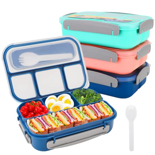 3 Pack Bento Box Lunch Box Kids, Qipecedm Bento Box Adult Lunch Box with Cutlery, 1300ML 4 Compartment Lunch Box Containers for Adults/Kids/Toddler, Leak Proof, Microwave/Dishwasher/Freezer Safe