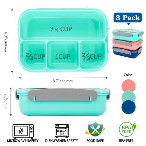 3 Pack Bento Box Lunch Box Kids, Qipecedm Bento Box Adult Lunch Box with Cutlery, 1300ML 4 Compartment Lunch Box Containers for Adults/Kids/Toddler, Leak Proof, Microwave/Dishwasher/Freezer Safe