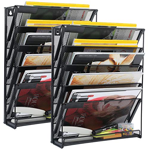 Samstar 2 Pack Wall File Organizer, 5-Tier Wall Mount Paper Holder Vertical File Rack for Office Home, Black.