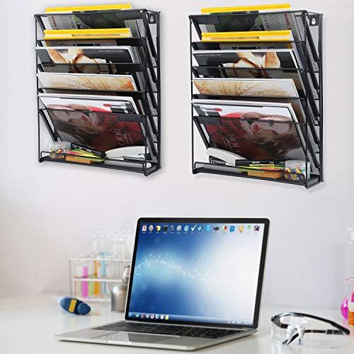 Samstar 2 Pack Wall File Organizer, 5-Tier Wall Mount Paper Holder Vertical File Rack for Office Home, Black.