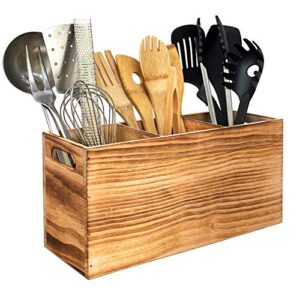 cb accessories utensil holder in rustic wood for farmhouse kitchen decor, countertop organizer and cooking tools storage (triple)