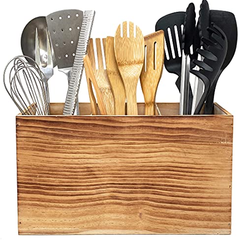 CB Accessories Utensil Holder in Rustic Wood for Farmhouse Kitchen Decor, Countertop Organizer and Cooking Tools Storage (Triple)