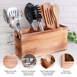 CB Accessories Utensil Holder in Rustic Wood for Farmhouse Kitchen Decor, Countertop Organizer and Cooking Tools Storage (Triple)