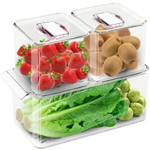 wavelux produce saver containers for refrigerator, food fruit vegetables storage, 3 pcs stackable freezer fridge organizer, fresh keeper drawer bin basket with vented lids & removable drain tray