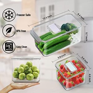 WAVELUX Produce Saver Containers for Refrigerator, Food Fruit Vegetables storage, 3 Pcs Stackable Freezer Fridge Organizer, Fresh Keeper Drawer Bin Basket with Vented Lids & Removable Drain Tray